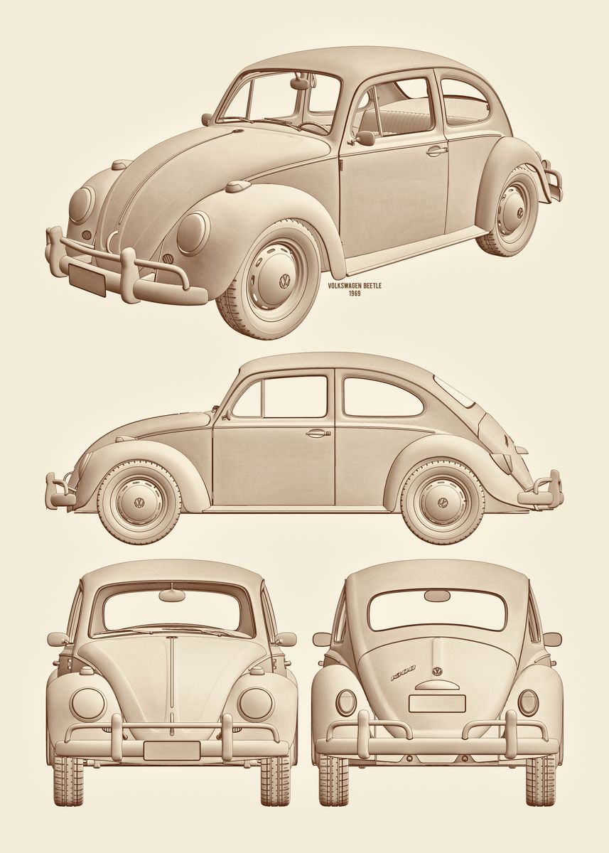 'Volkswagen Beetle 1969 Vintage Blueprint' Poster, picture, metal print ...