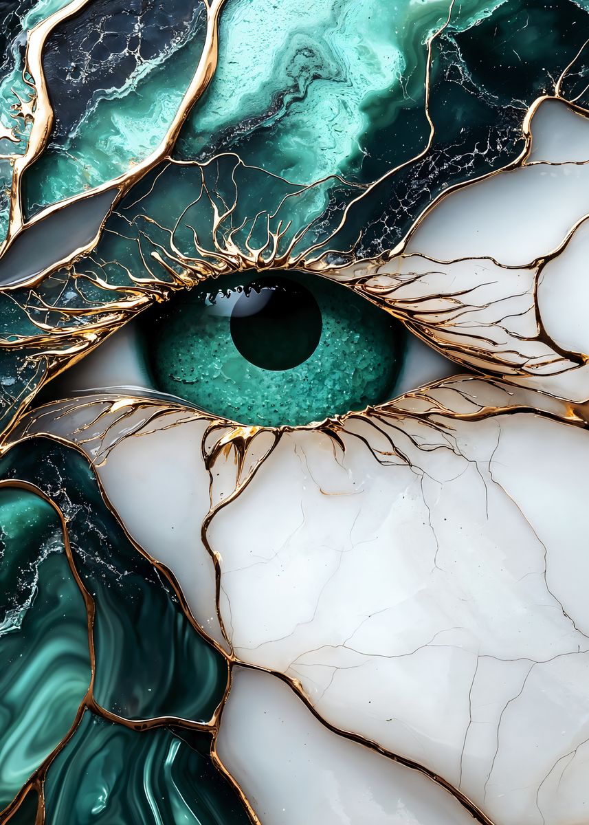 'Kintsugi Emerald Eye Art' Poster, picture, metal print, paint by ImaginaryConnection | Displate