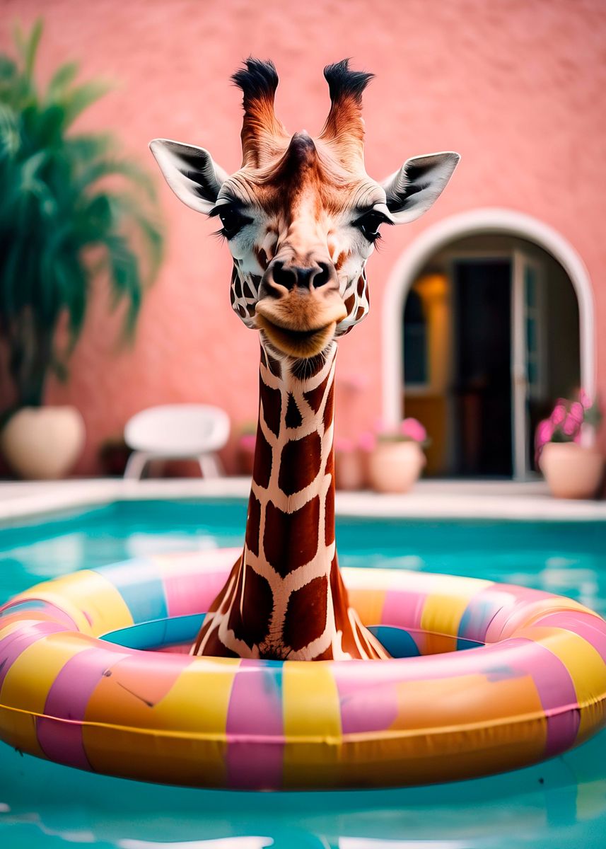 'Giraffe Pool Float' Poster, picture, metal print, paint by viart ...