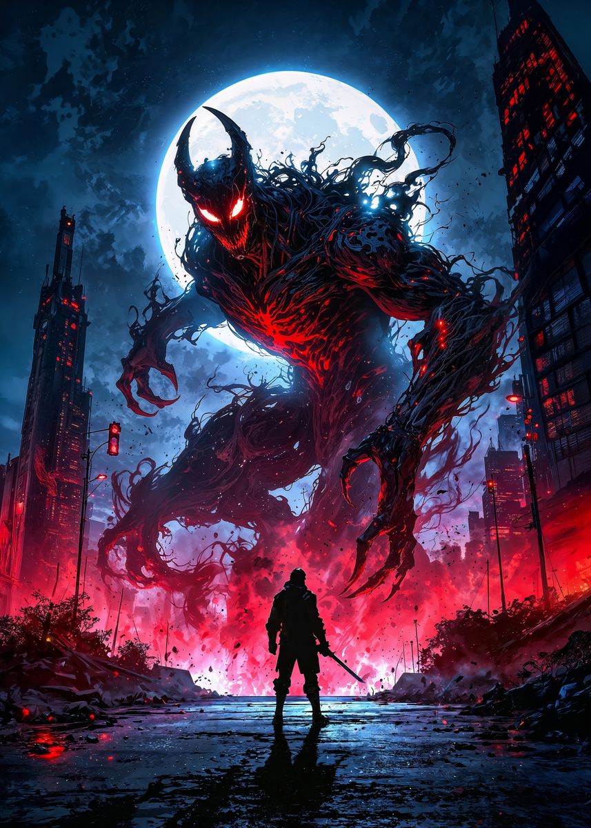 'Epic Monster vs. Hero Fight' Poster, picture, metal print, paint by ...