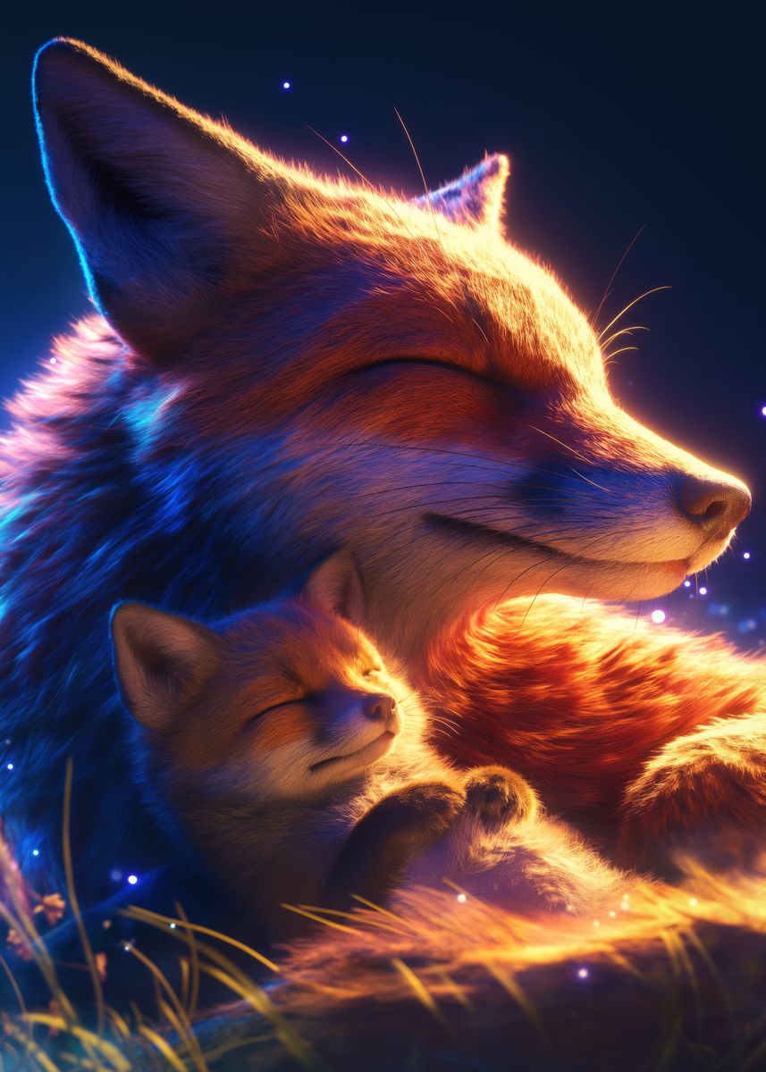 'Fox Protecting Her Cub in Nature' Poster, picture, metal print, paint ...