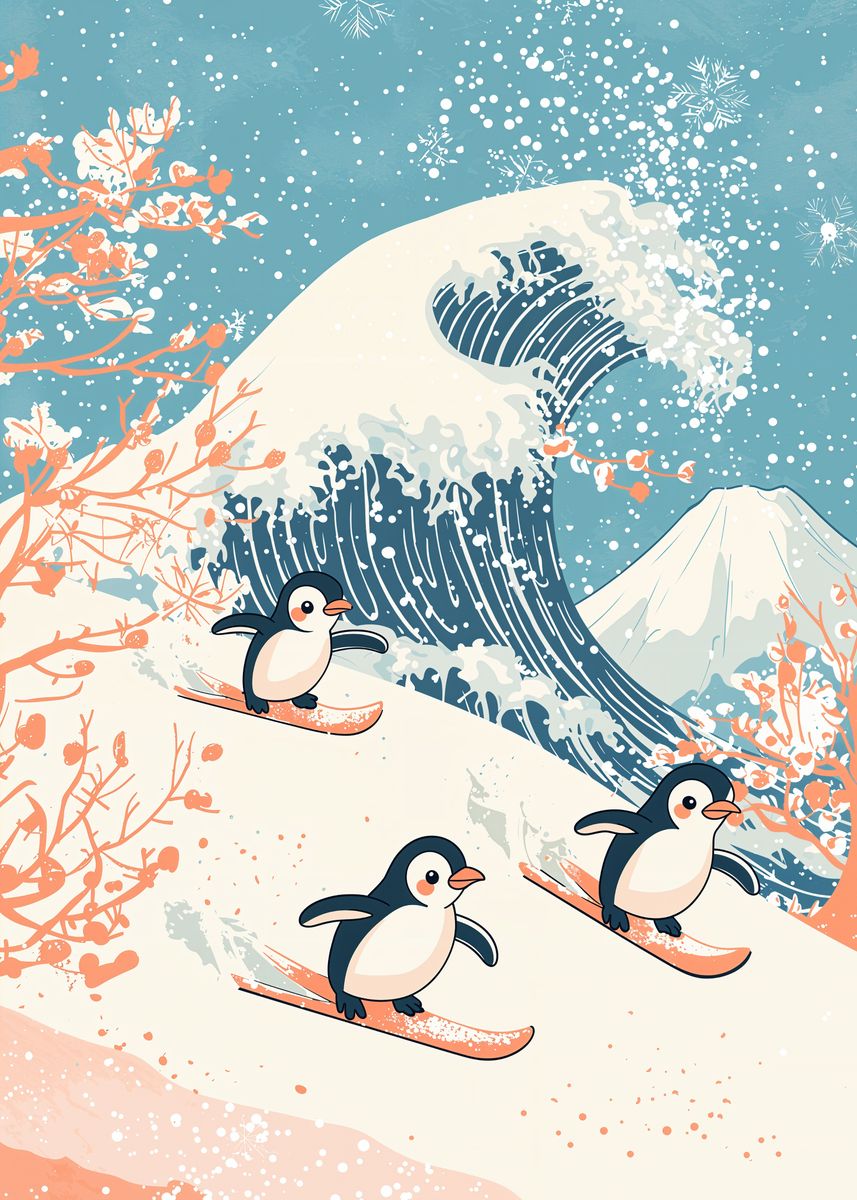 'Penguins Surfing the Great Wave' Poster, picture, metal print, paint ...