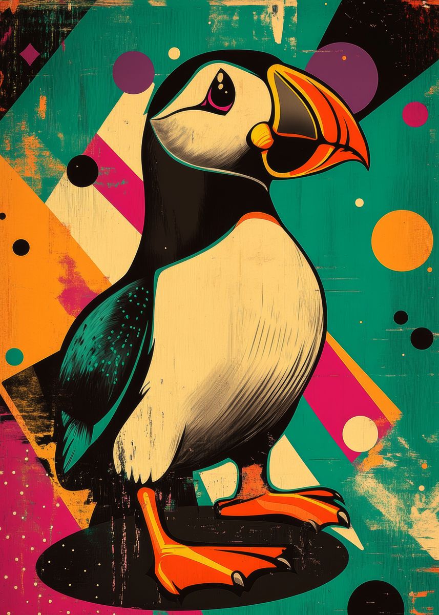 'Retro Puffin Illustration | Vibrant Puffin Pop Art' Poster, picture ...
