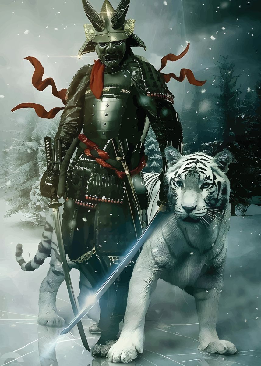 'Samurai and White Tiger' Poster, picture, metal print, paint by ...