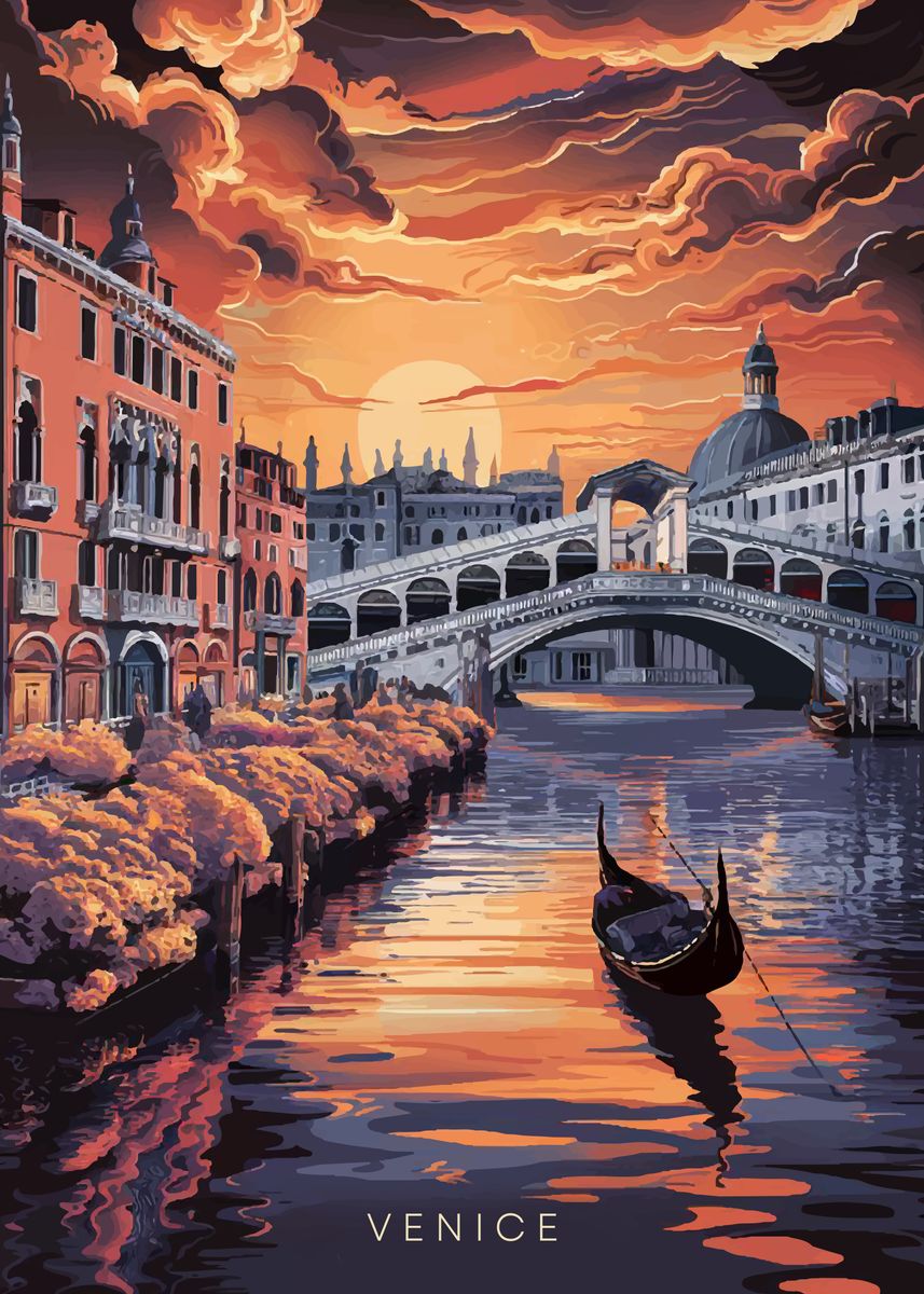 'Venice Sunset Gondola' Poster, picture, metal print, paint by ...