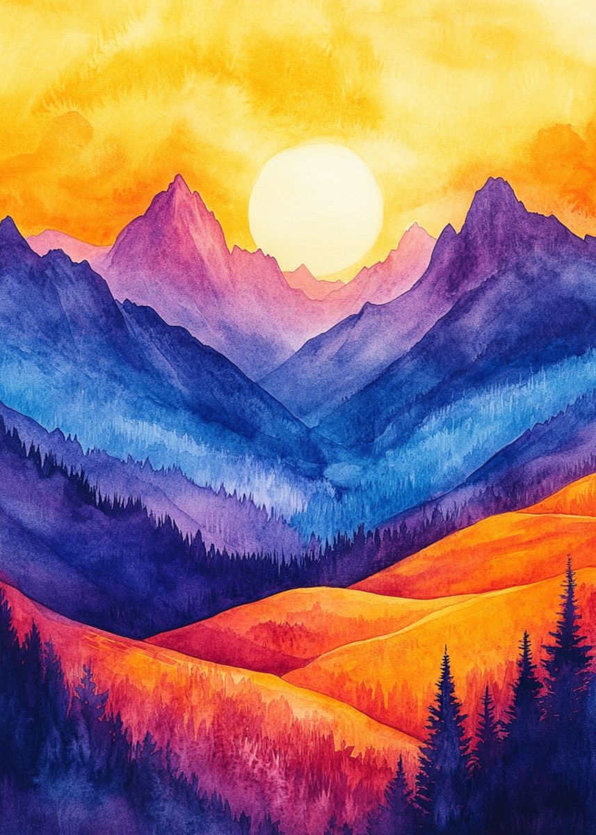 'Sunset Mountain Watercolor | Vibrant Mountain Sunset Watercolor Art ...