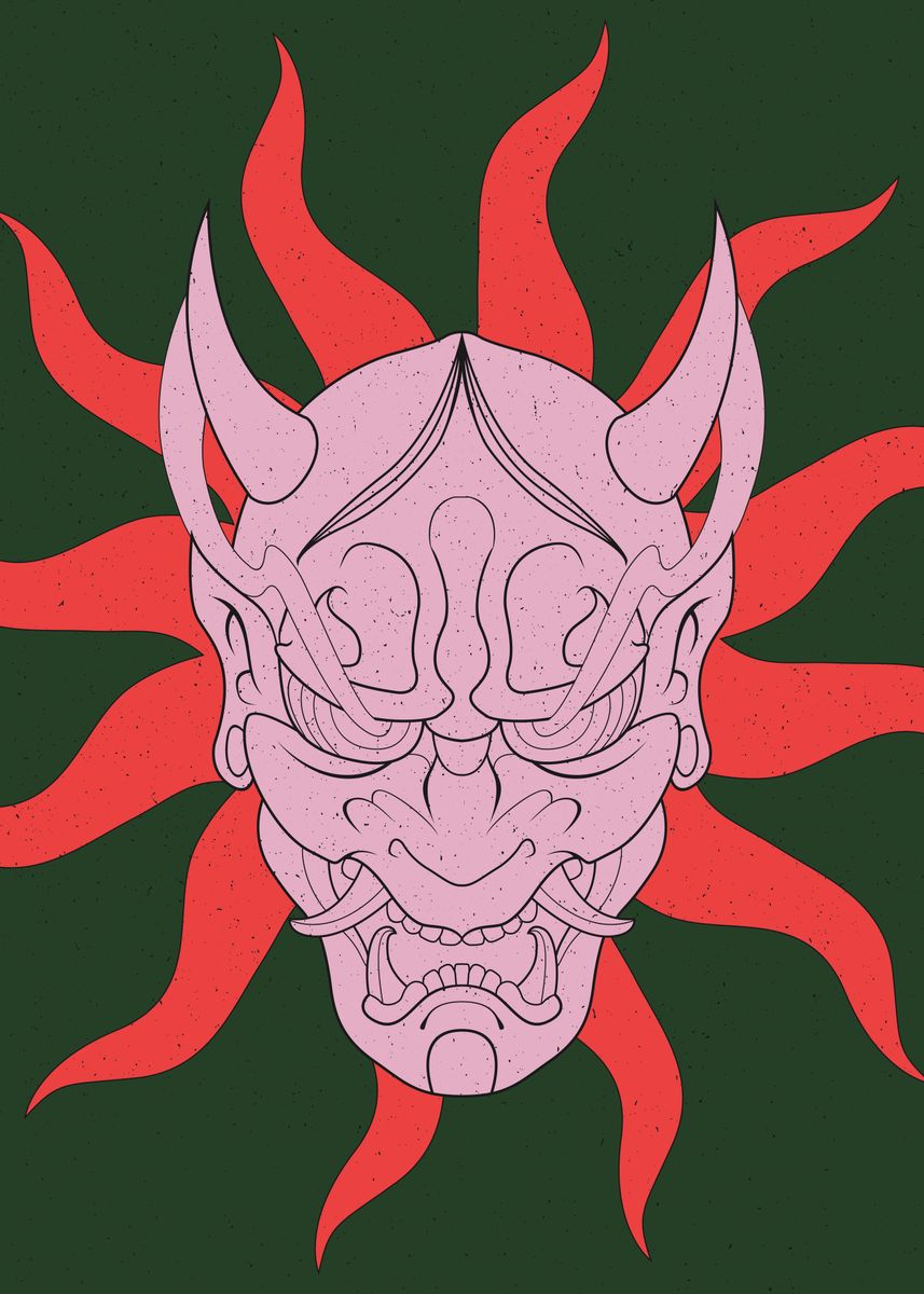 'Pink Oni Mask Illustration' Poster, picture, metal print, paint by ...