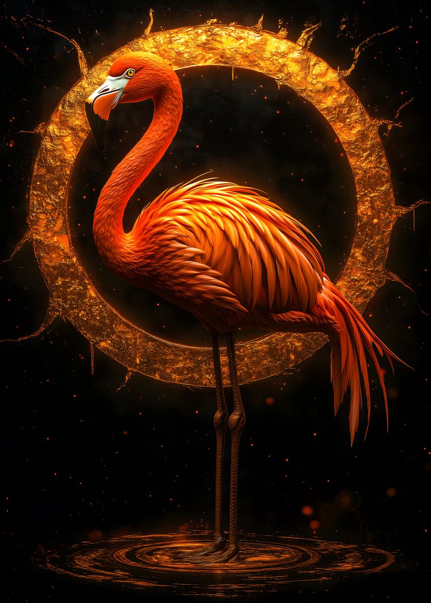'Flamingo in Golden Halo Animal' Poster, picture, metal print, paint by ...