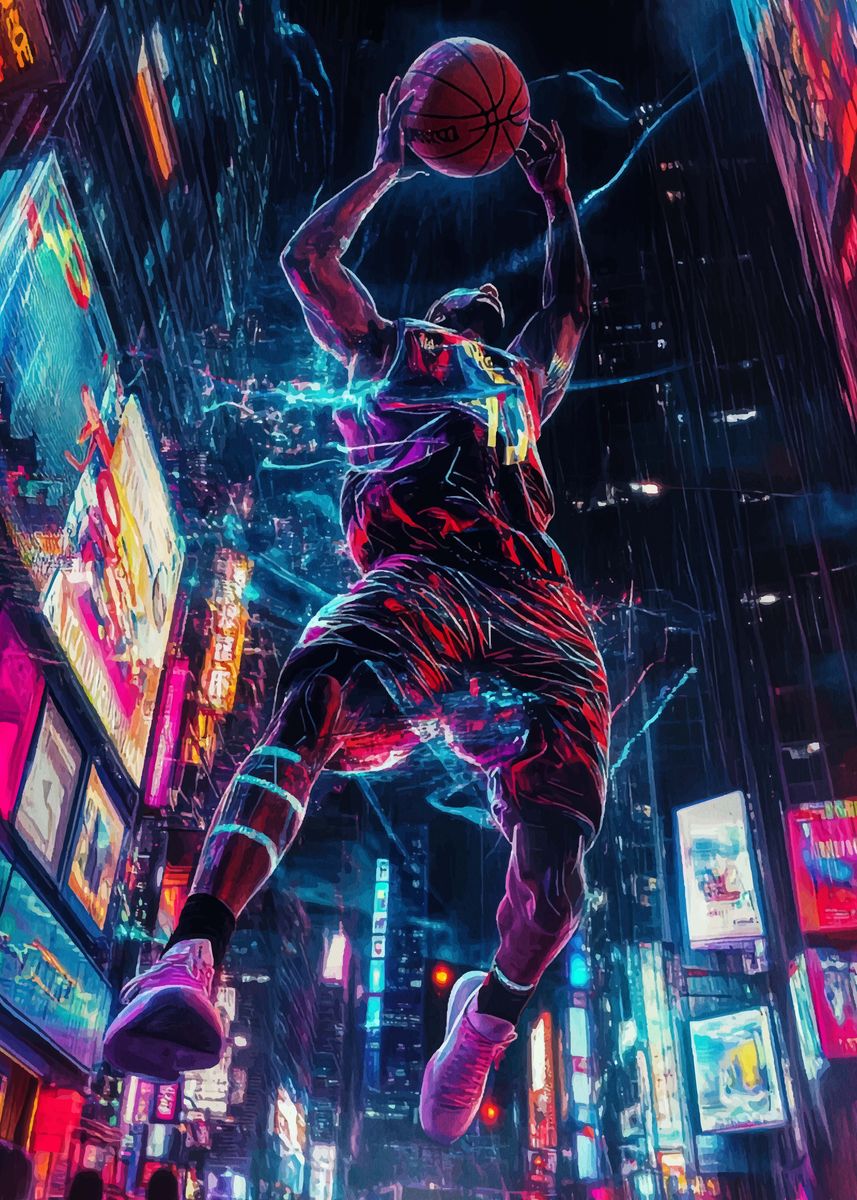 'Basketball Player in Neon City' Poster, picture, metal print, paint by ...