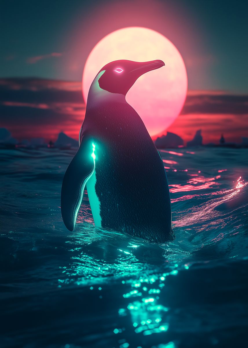 'Neon Penguin Sunset' Poster, picture, metal print, paint by ...