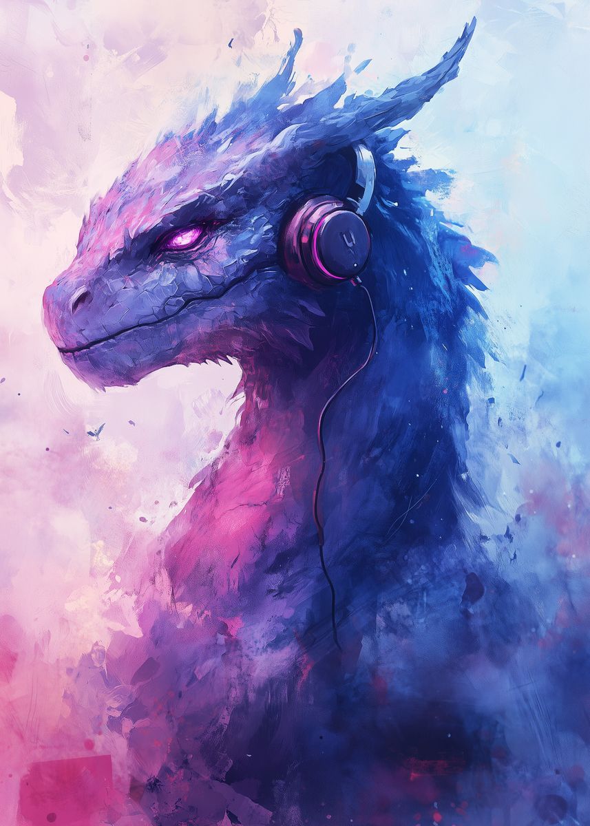 'Dragon with Headphones' Poster, picture, metal print, paint by ...