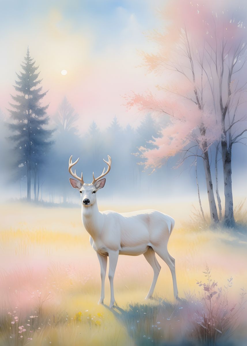 'White Deer in Misty Forest' Poster, picture, metal print, paint by ...