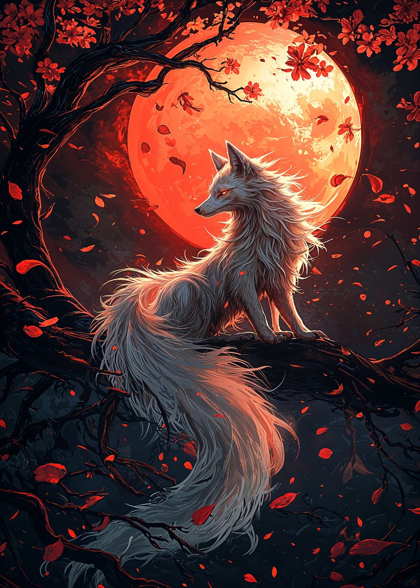 'White Fox Under Blood Moon' Poster, picture, metal print, paint by ...