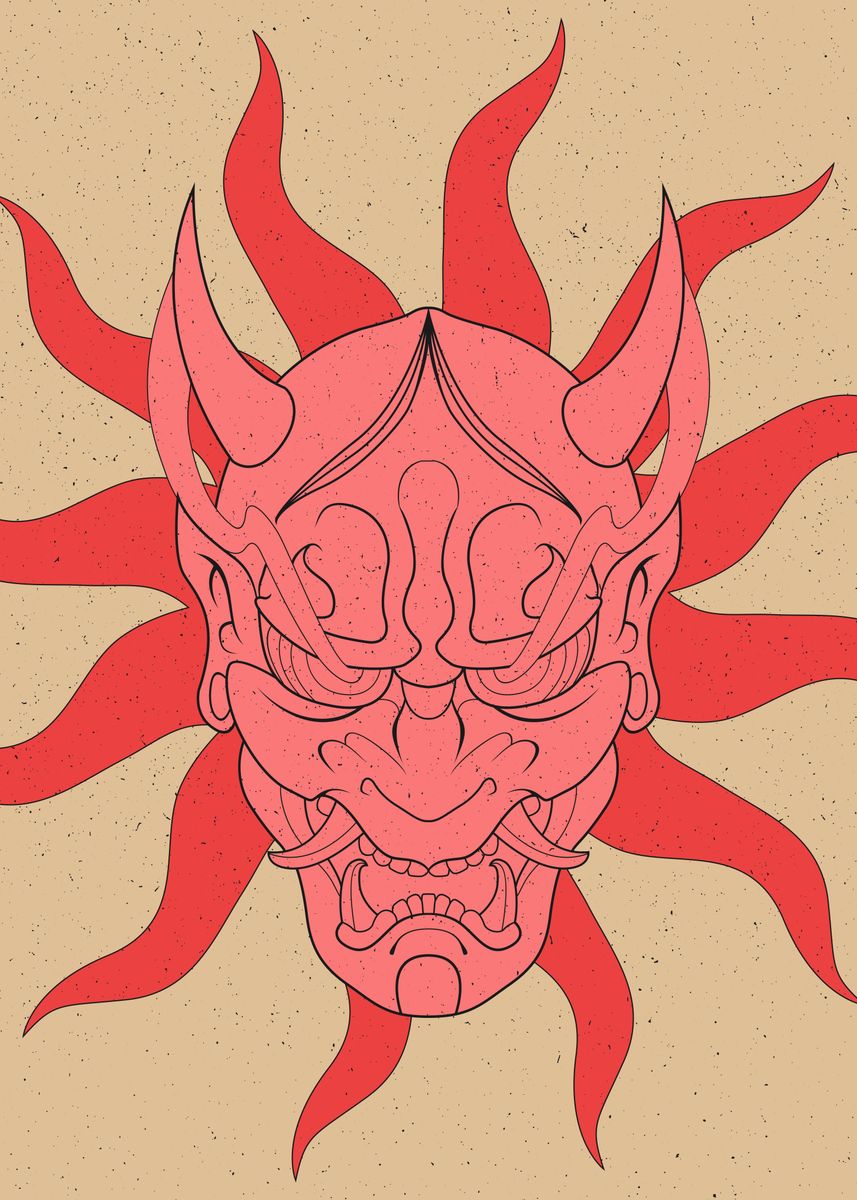 'Pink Dark Oni Mask Illustration' Poster, picture, metal print, paint ...