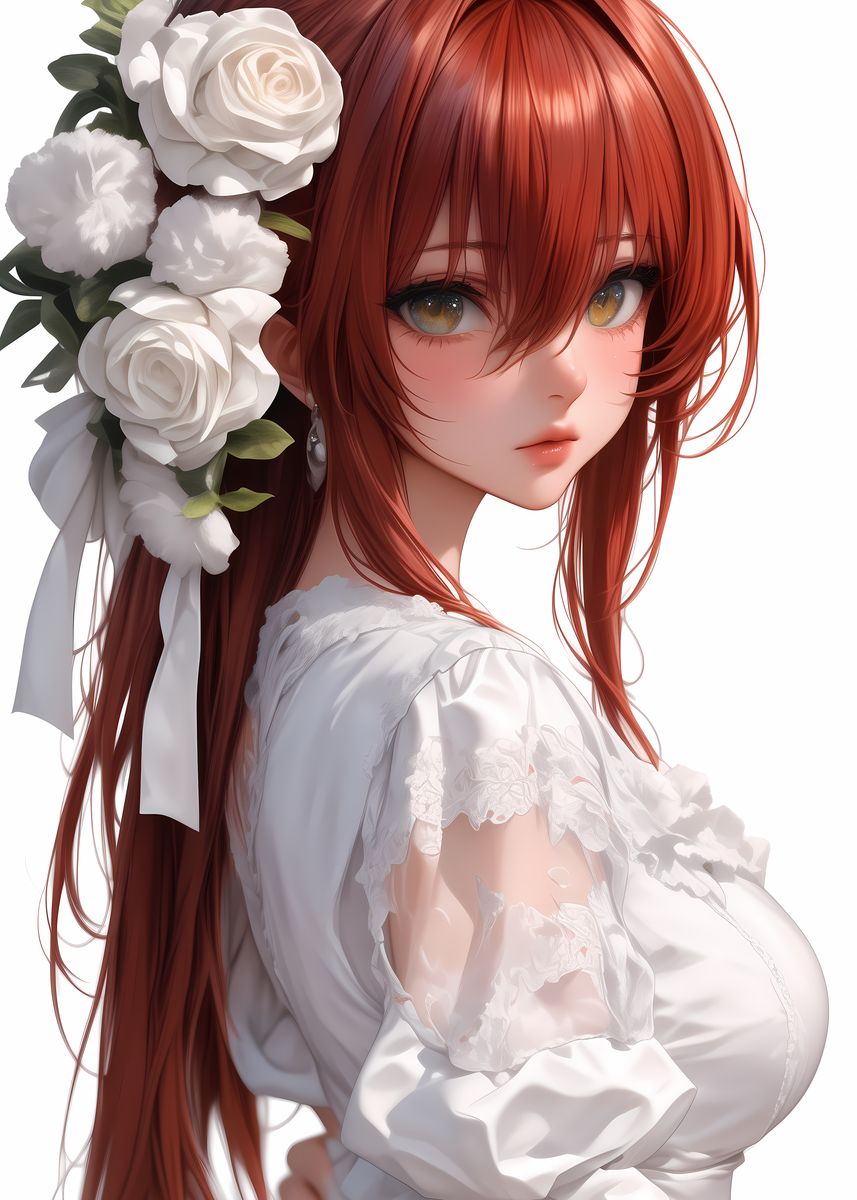 'Anime Girl with White Flowers Waifu' Poster, picture, metal print ...