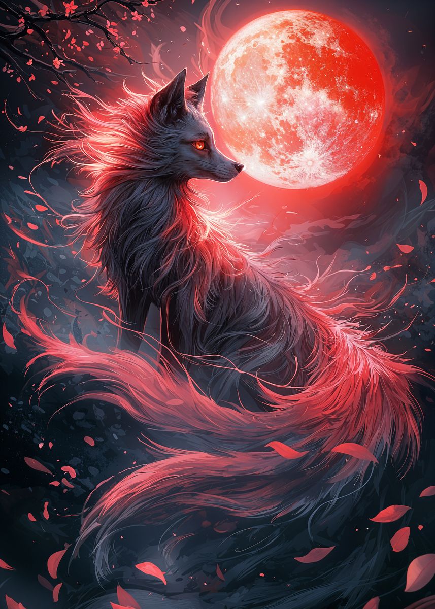 'Red Moon Fox' Poster, picture, metal print, paint by SuperNova | Displate