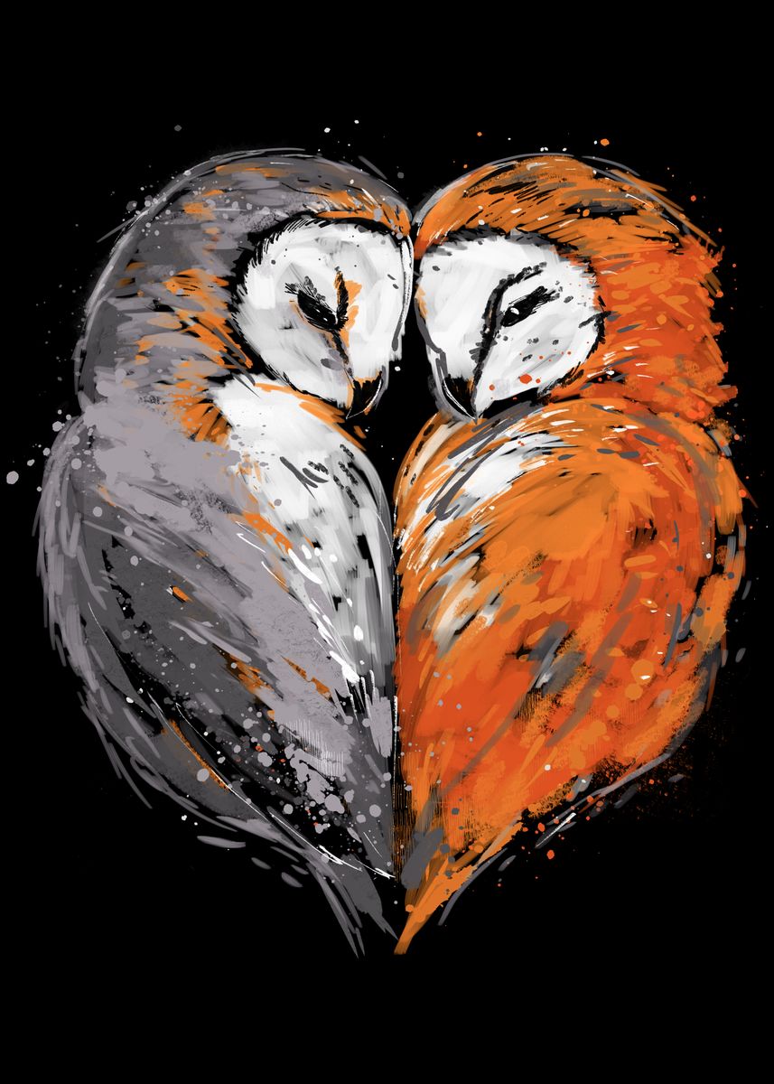 'Two Owls in Love' Poster, picture, metal print, paint by Kharma Zero ...
