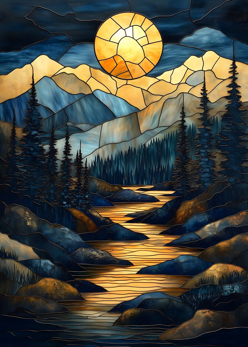 'Stained Glass Mountain River' Poster, picture, metal print, paint by ...