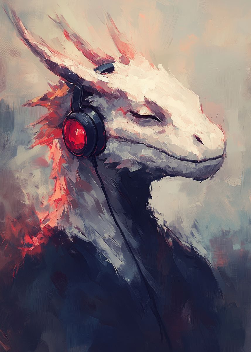 'Dragon with Headphones' Poster, picture, metal print, paint by ...