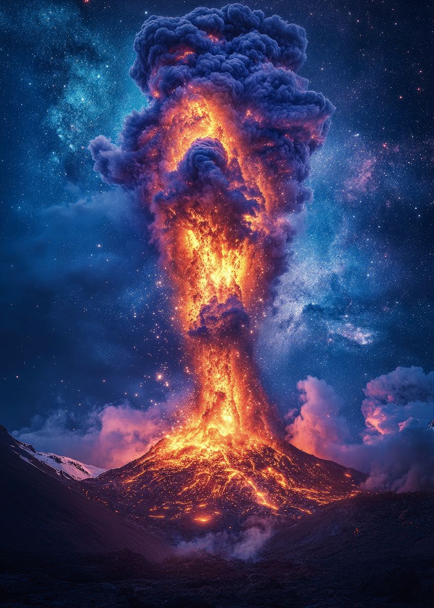 'Volcanic Eruption Under Stars' Poster, picture, metal print, paint by ...