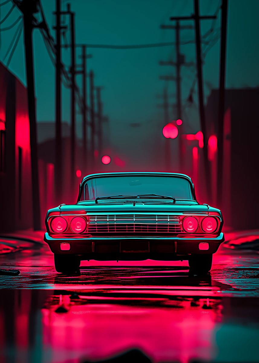 'Classic Car Neon Night' Poster, picture, metal print, paint by ...