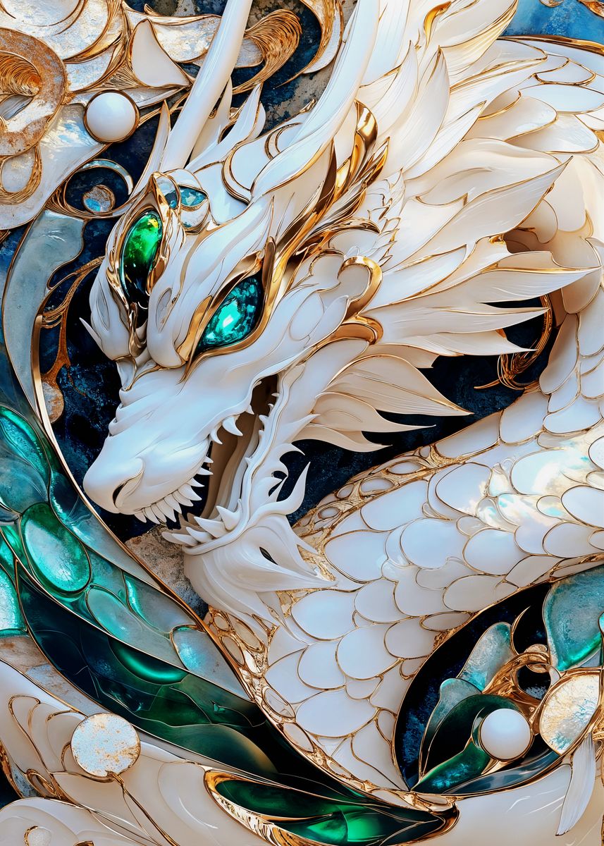 'Kintsugi White Dragon' Poster, picture, metal print, paint by ...