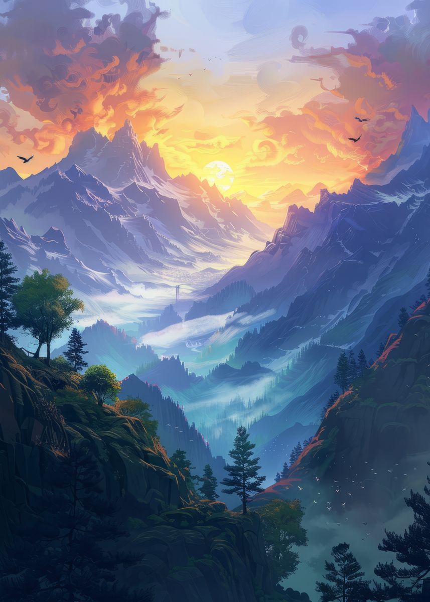  Mountain Sunset Landscape Poster Picture Metal Print Paint By