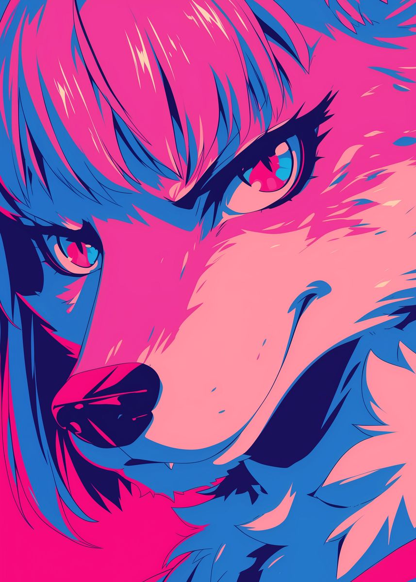 'Pink and Blue Wolf Girl' Poster, picture, metal print, paint by Akai ...