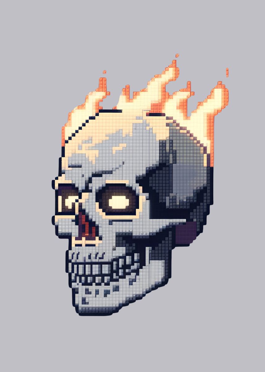 'Pixel Skull with Flames' Poster, picture, metal print, paint by Med ...