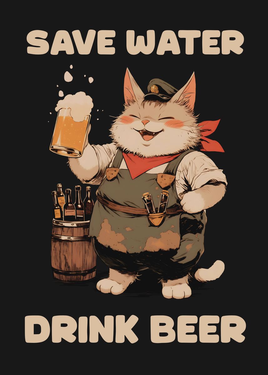 'Cat Drinking Beer' Poster, picture, metal print, paint by Dipewhy ...
