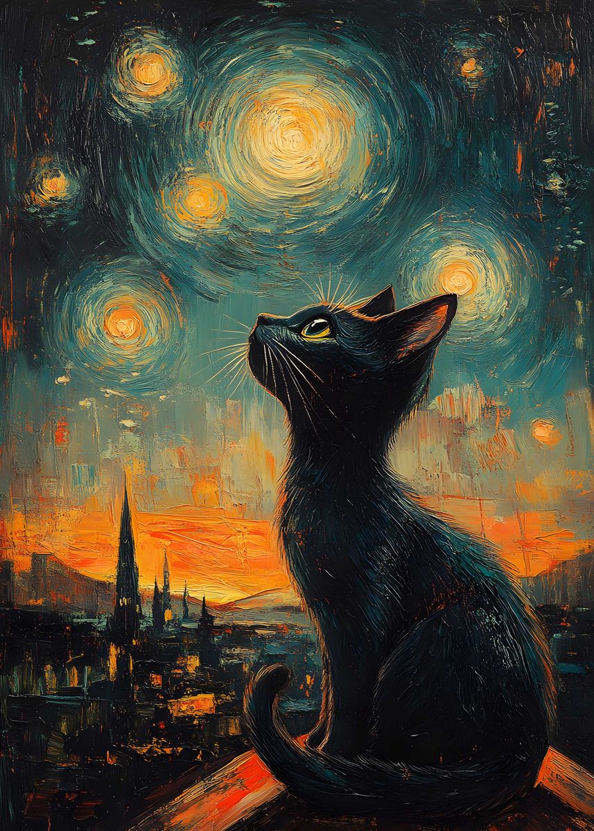 'Cat Starry Night' Poster, picture, metal print, paint by Chromapix ...