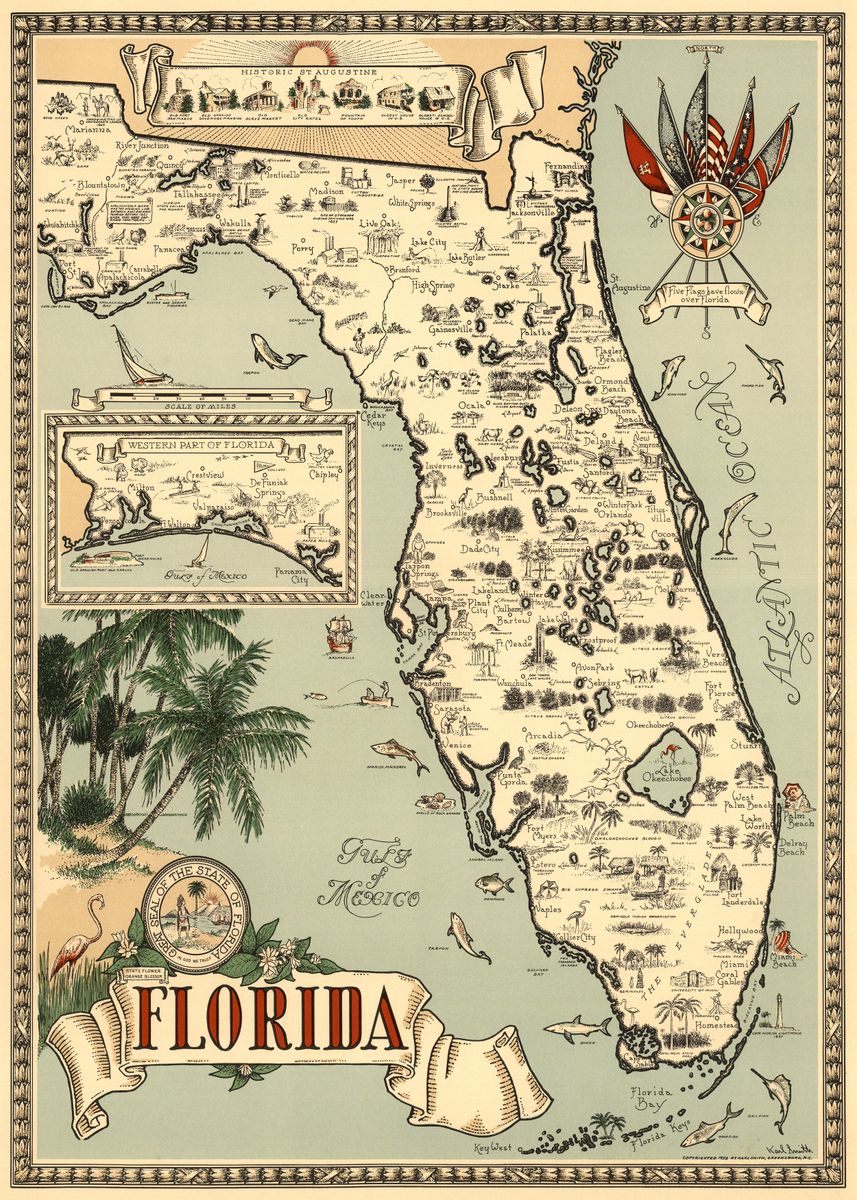 'Vintage Florida Map' Poster, picture, metal print, paint by Sam Kal ...