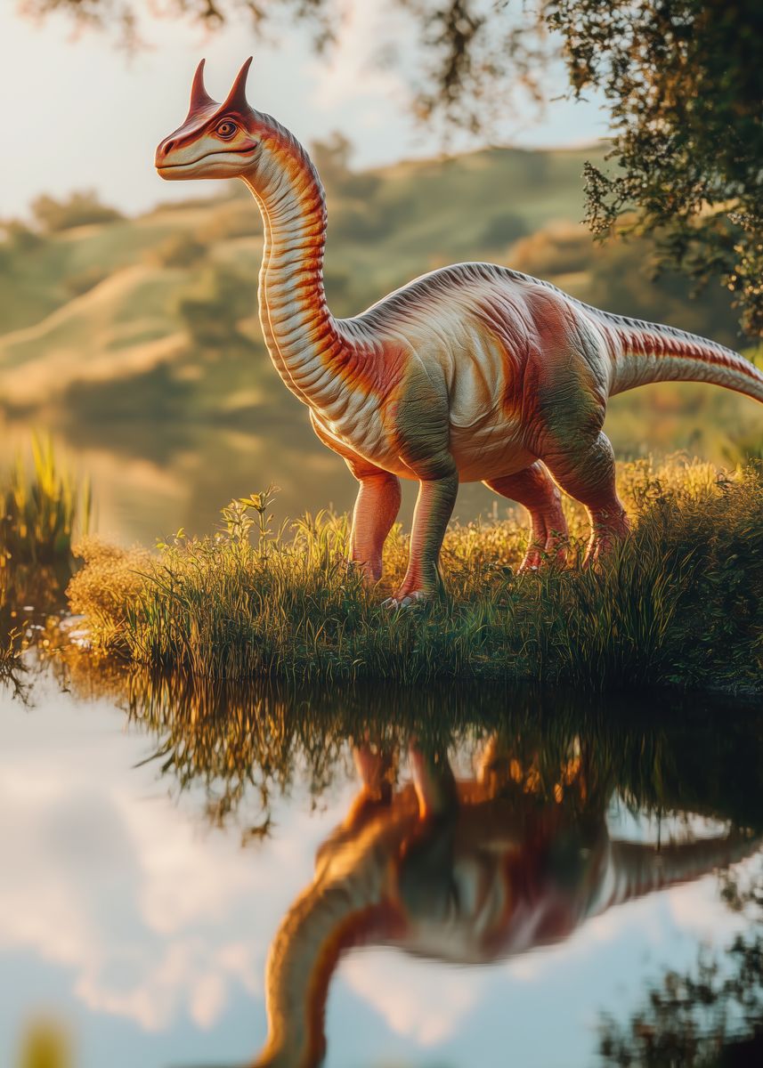 'Parasaurolophus Dinosaur by the Lake' Poster, picture, metal print ...