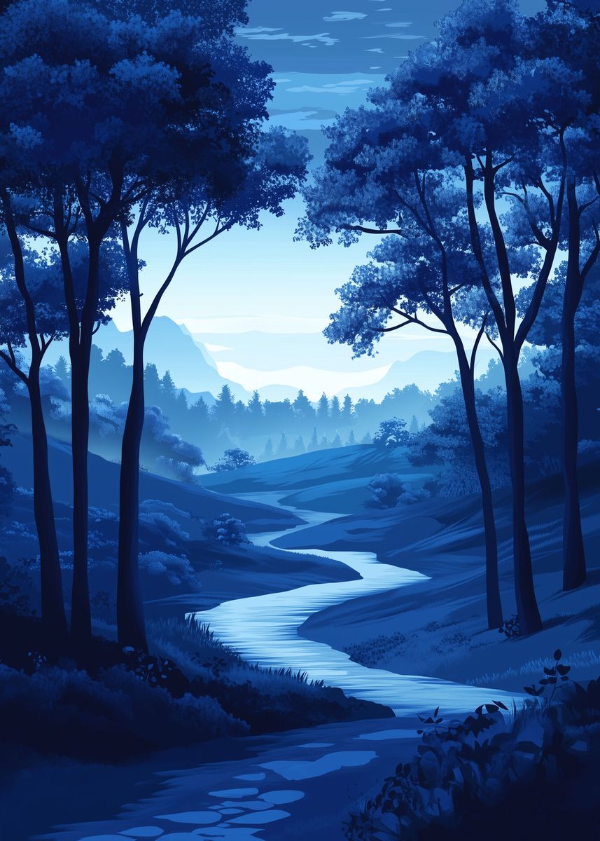 'Blue Forest River' Poster, picture, metal print, paint by Luna Echo | Displate