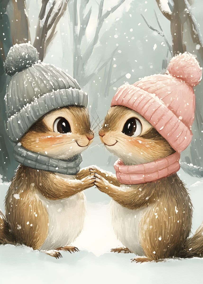 'Cute Chipmunk Couple in Winter' Poster, picture, metal print, paint by ...