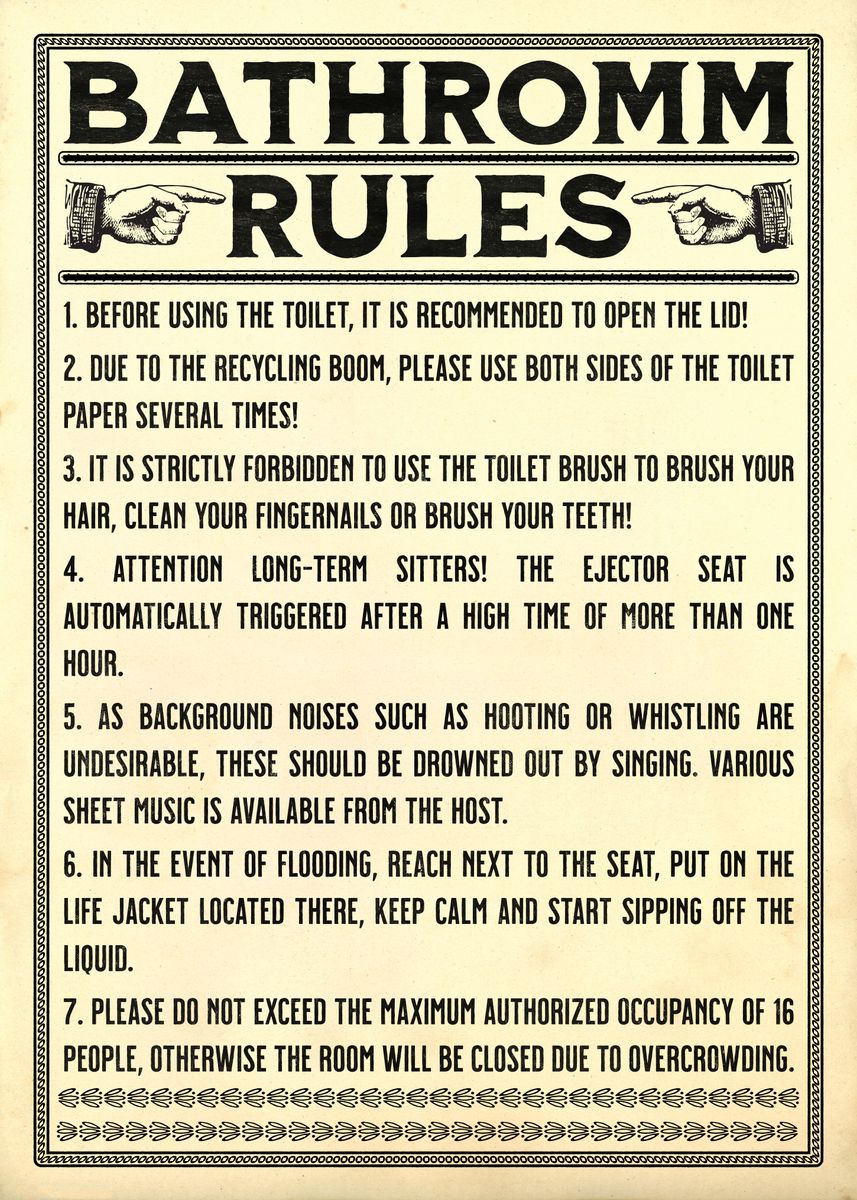 'Bathroom Rules Poster' Poster, picture, metal print, paint by Mircea ...