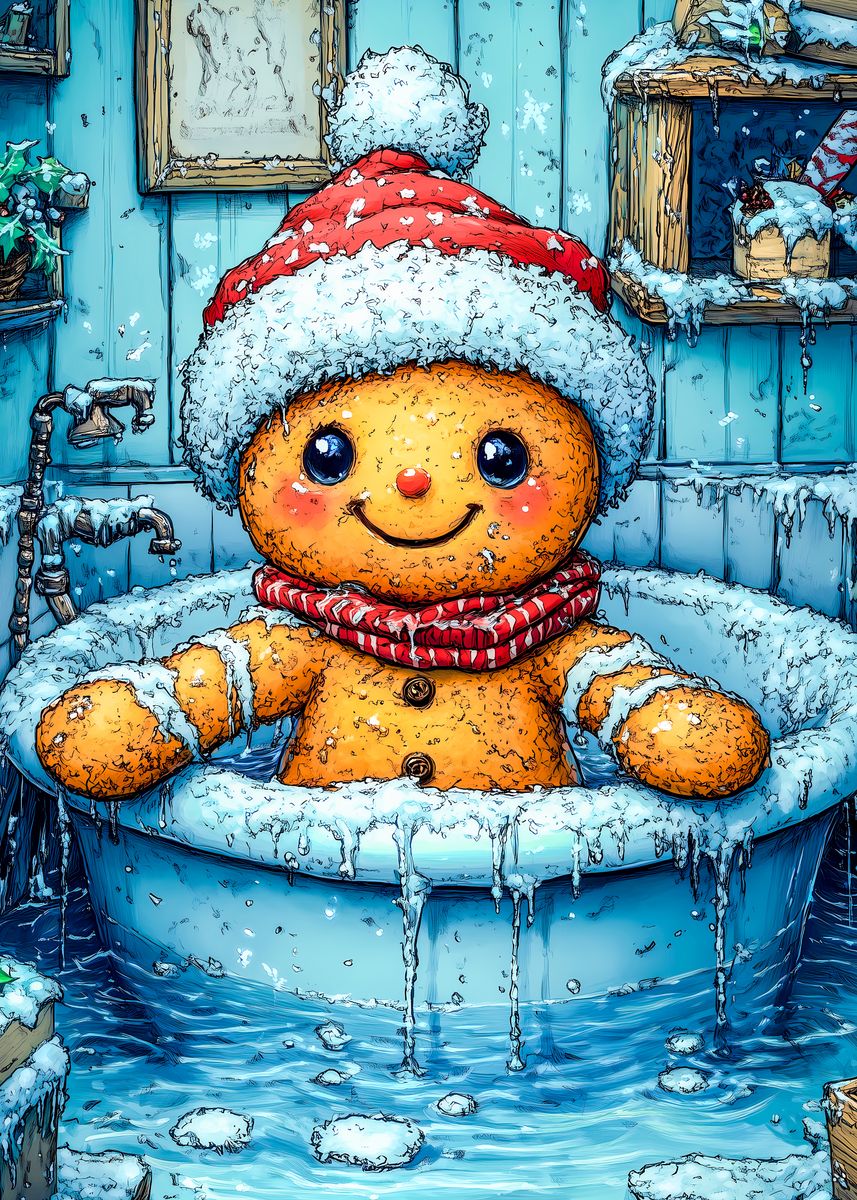 'Gingerbread Man in a Snowy Bath Toilet Christmas' Poster, picture ...