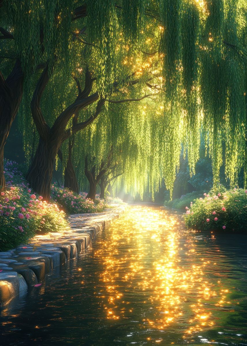 'Sunlit Willow Path' Poster, picture, metal print, paint by Usama ...