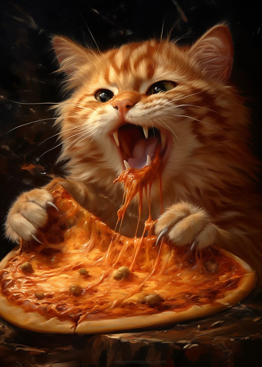 'Cat Eating Pizza' Poster, picture, metal print, paint by Artful ...