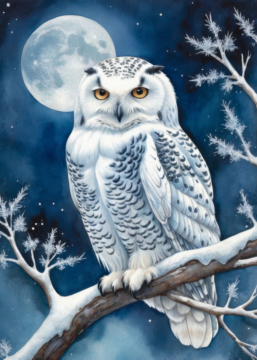 'Snowy Owl Under Moonlight' Poster, picture, metal print, paint by ...