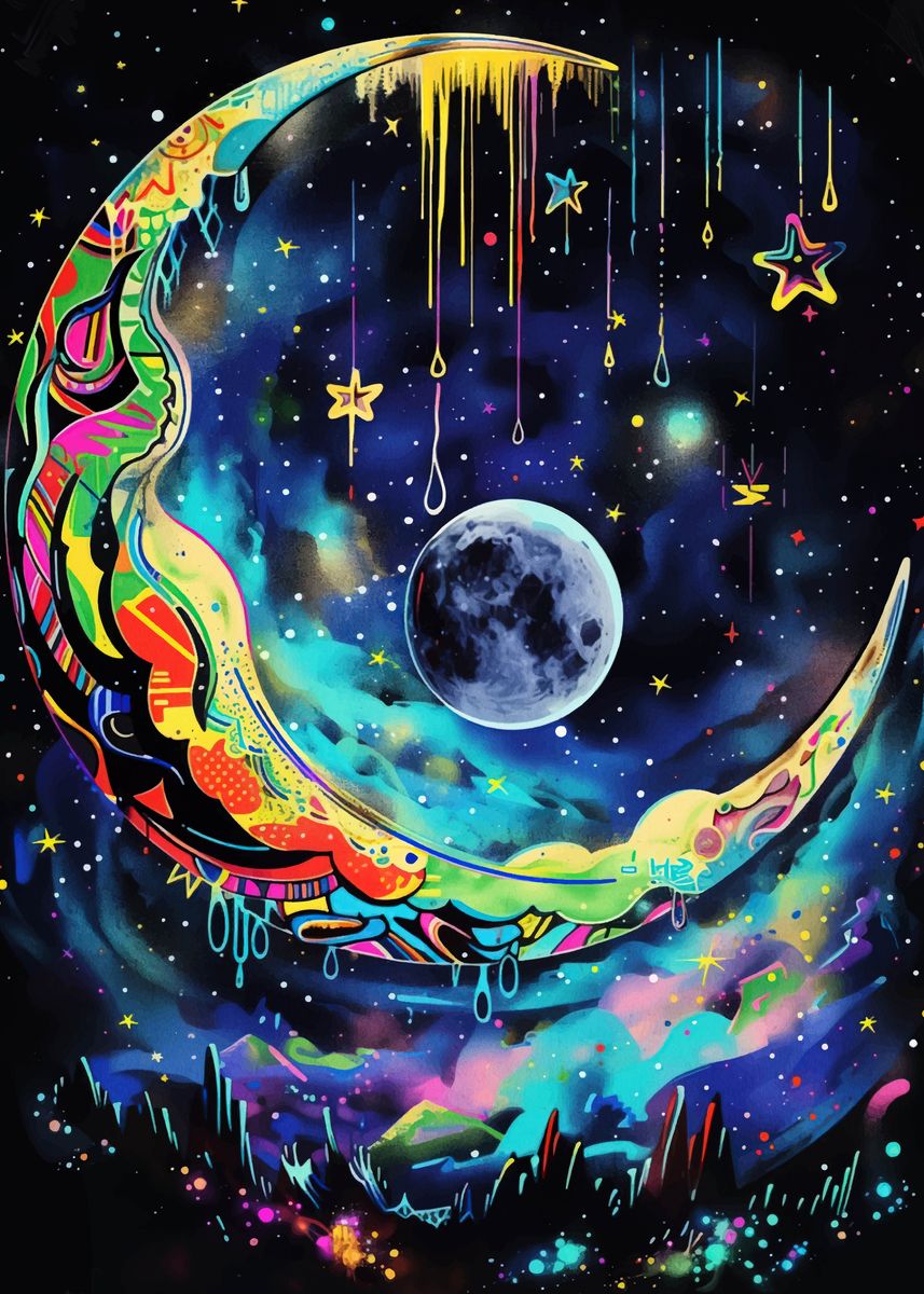 'Psychedelic Crescent Moon' Poster, picture, metal print, paint by ...