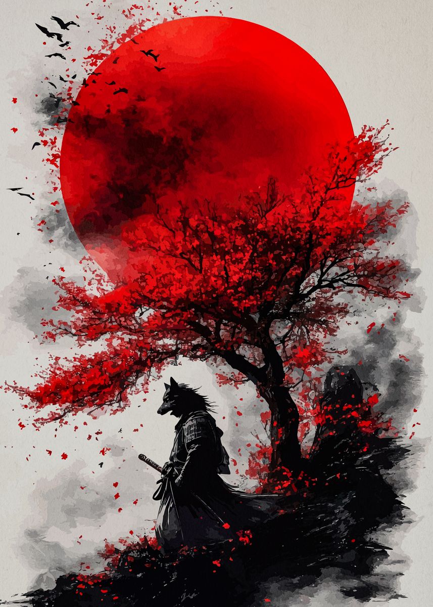 'Wolf Samurai Red Moon' Poster, picture, metal print, paint by ...