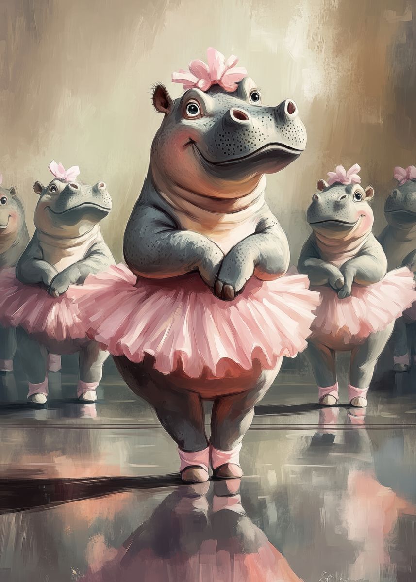 'Hippo Ballerinas' Poster, picture, metal print, paint by Rawbin | Displate