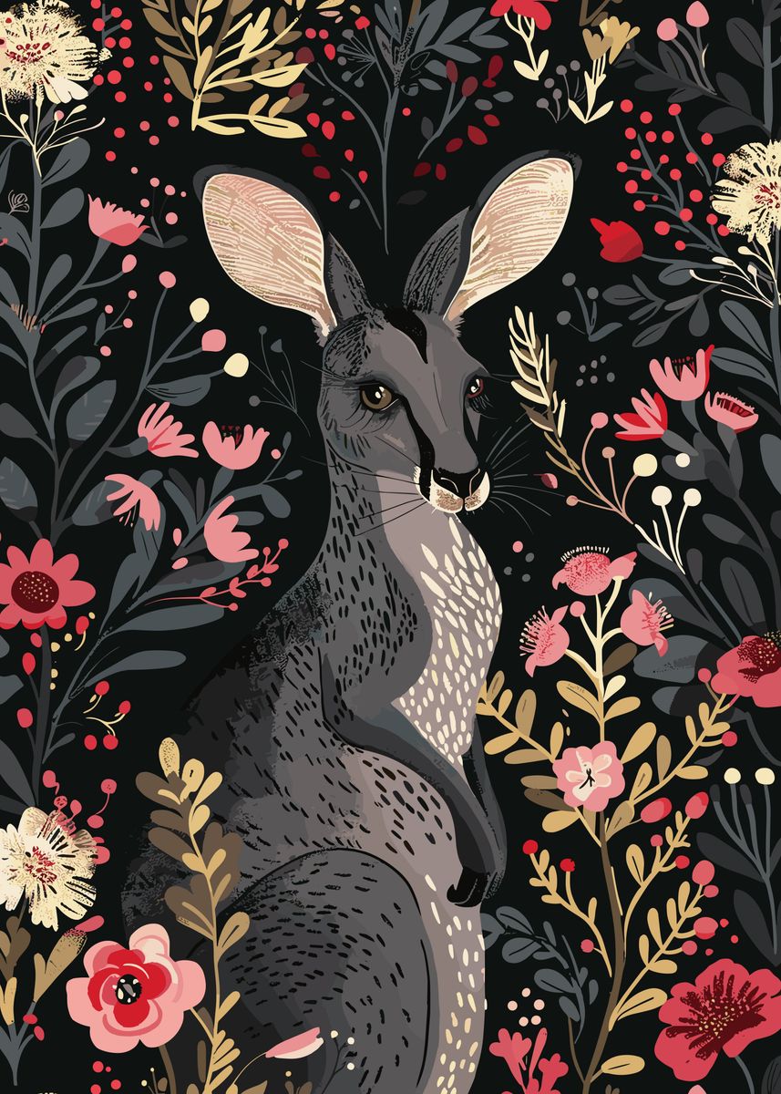 'Kangaroo in Floral Garden' Poster, picture, metal print, paint by Kai ...