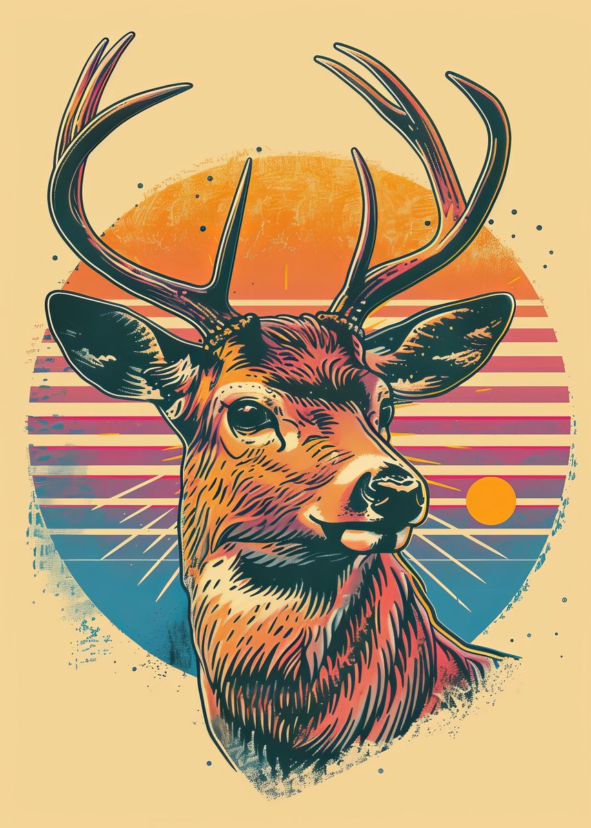 'Retro Deer Sunset Reindeer' Poster, picture, metal print, paint by ...