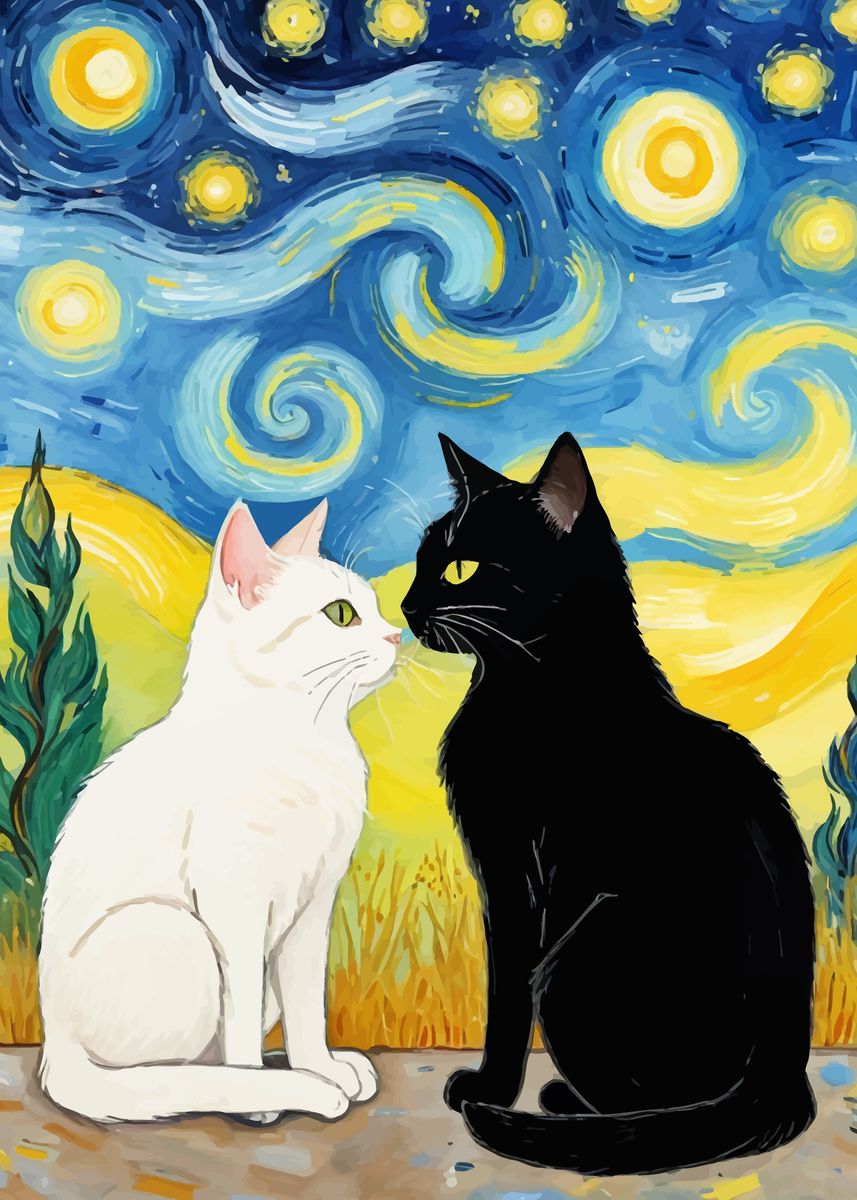 'Starry Night Cats' Poster, picture, metal print, paint by DUMBROS ...