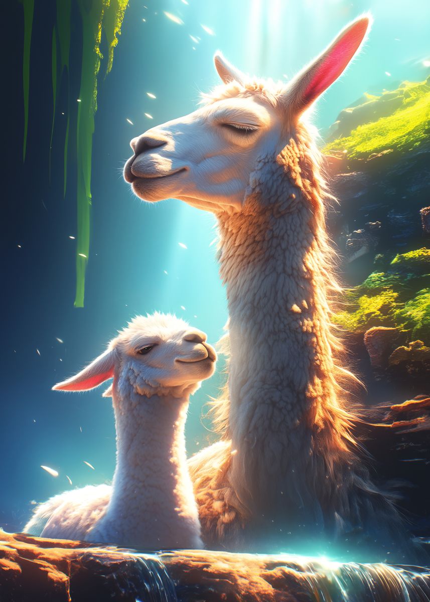 'Smiling Llamas in Waterfall' Poster, picture, metal print, paint by Zavdesignart | Displate