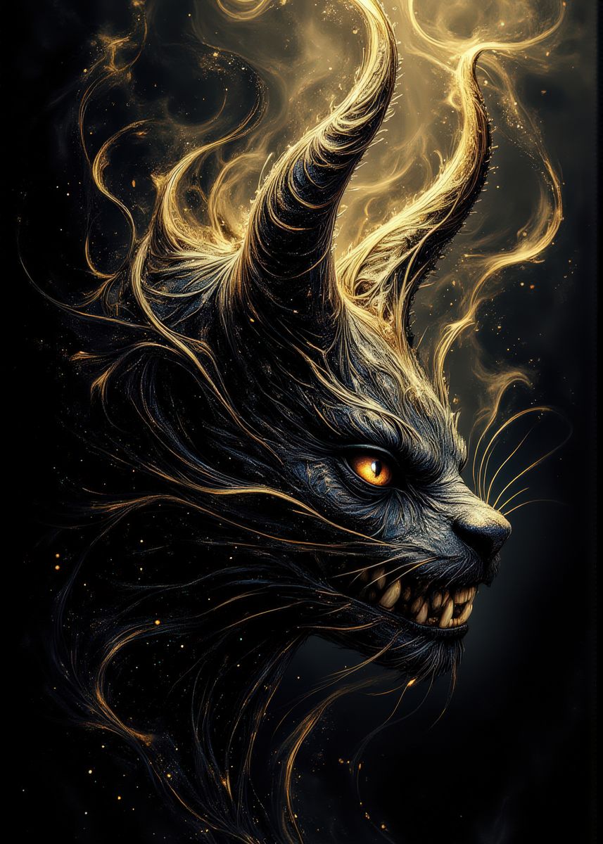 'Feline Demon With Golden Horns' Poster, picture, metal print, paint by ...