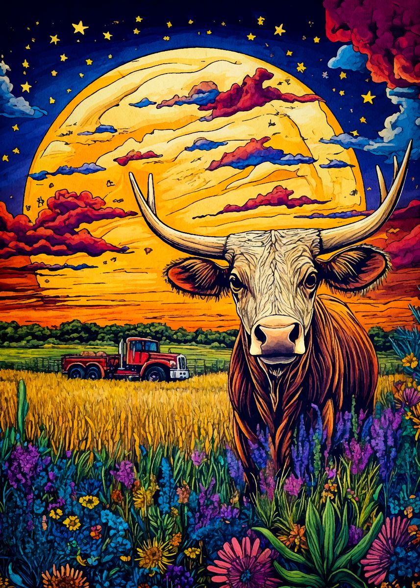'Highland Cow Starry Night' Poster, picture, metal print, paint by ...