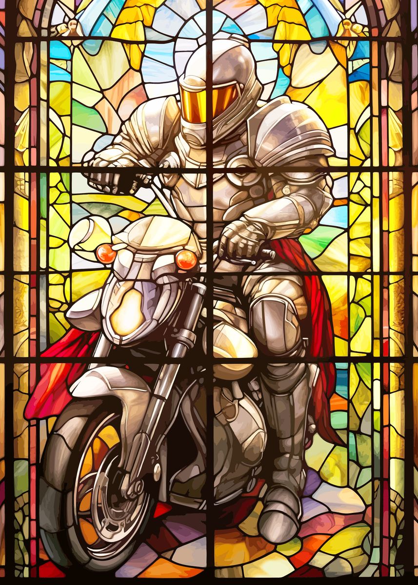 'Stained Glass Motorcycle Knight' Poster, picture, metal print, paint ...